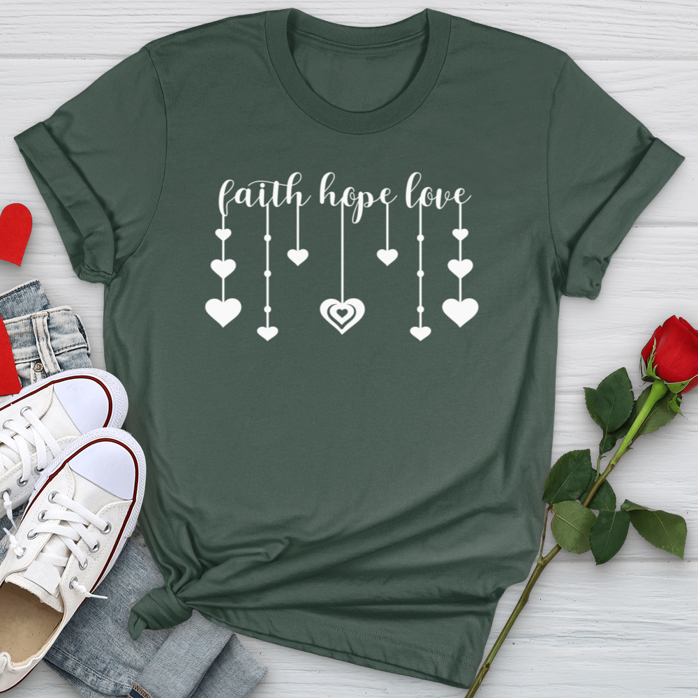 Faith Hope Love Dangling Hearts Softstyle Tee – Christian Lifestyle ...